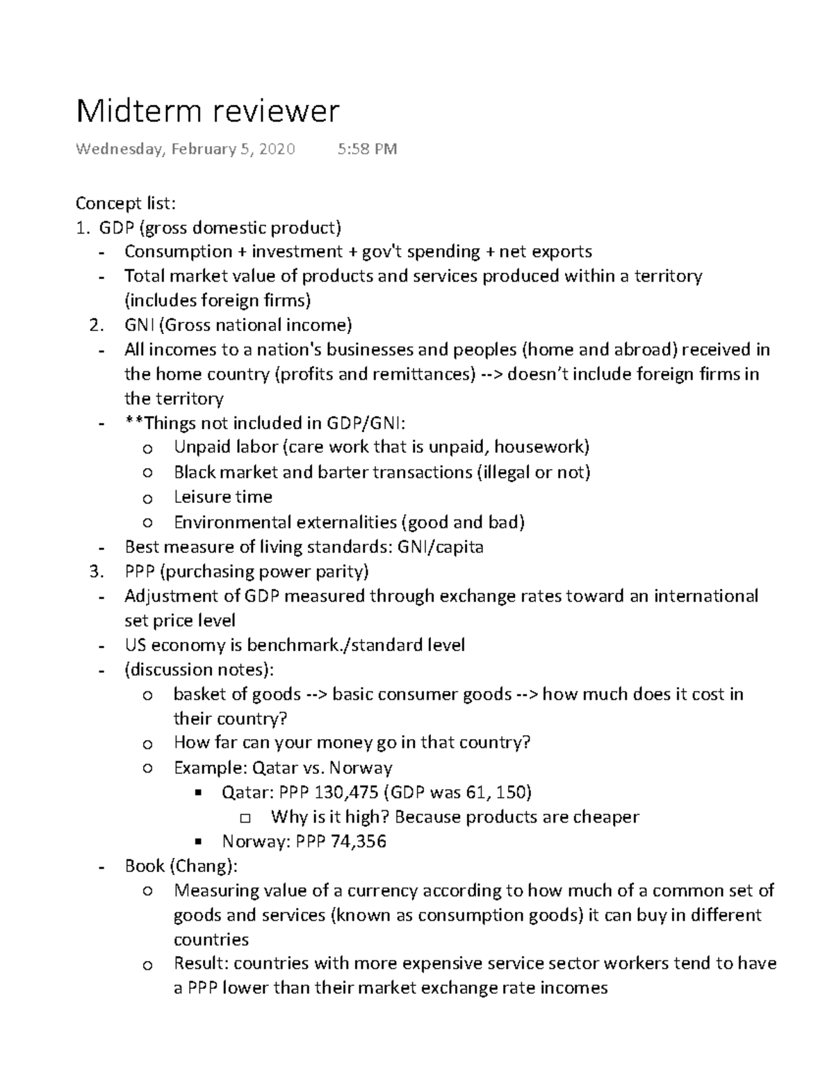 Midterm reviewer - IDS 130 - Concept list: GDP (gross domestic product) Consumption + investment ...