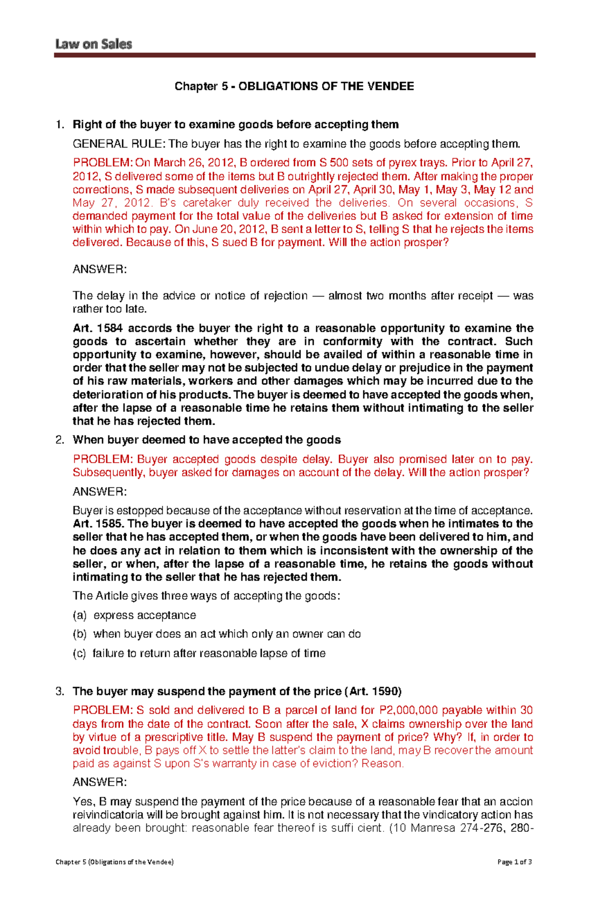 Pdfcoffee - Quiz - Chapter 5 (Obligations of the Vendee) Page 1 of 3 Chapter 5 - OBLIGATIONS OF ...