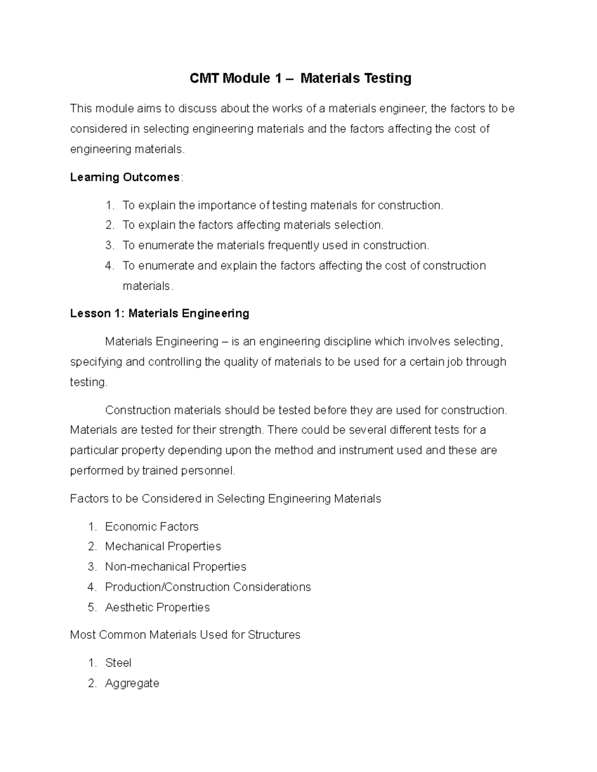 CMT Module 1 - Lecture notes 1-3 - CMT Module 1 – Materials Testing ...
