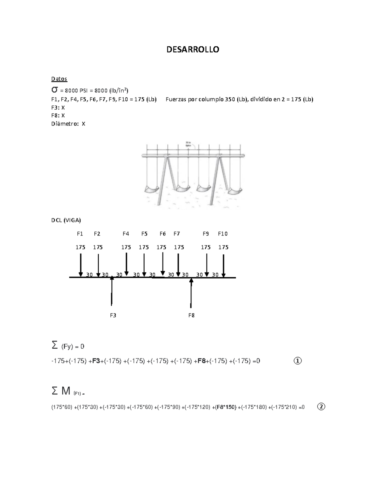 Desarrollo Ejercicio resistencia - DESARROLLO Datos σ = 8000 PSI = 8000 (lb/in 2 ) F1, F2, F4 ...