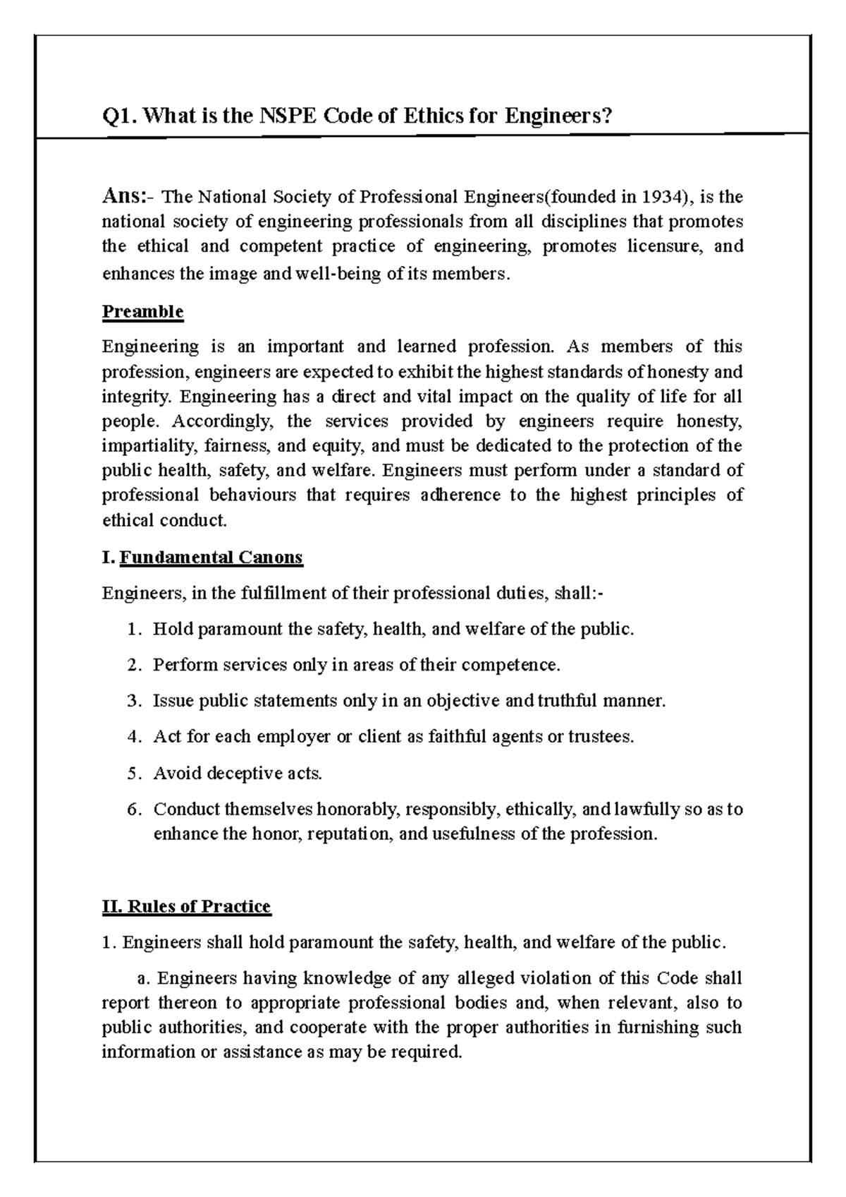 PE project - Assignment 3 - Q1. What is the NSPE Code of Ethics for ...