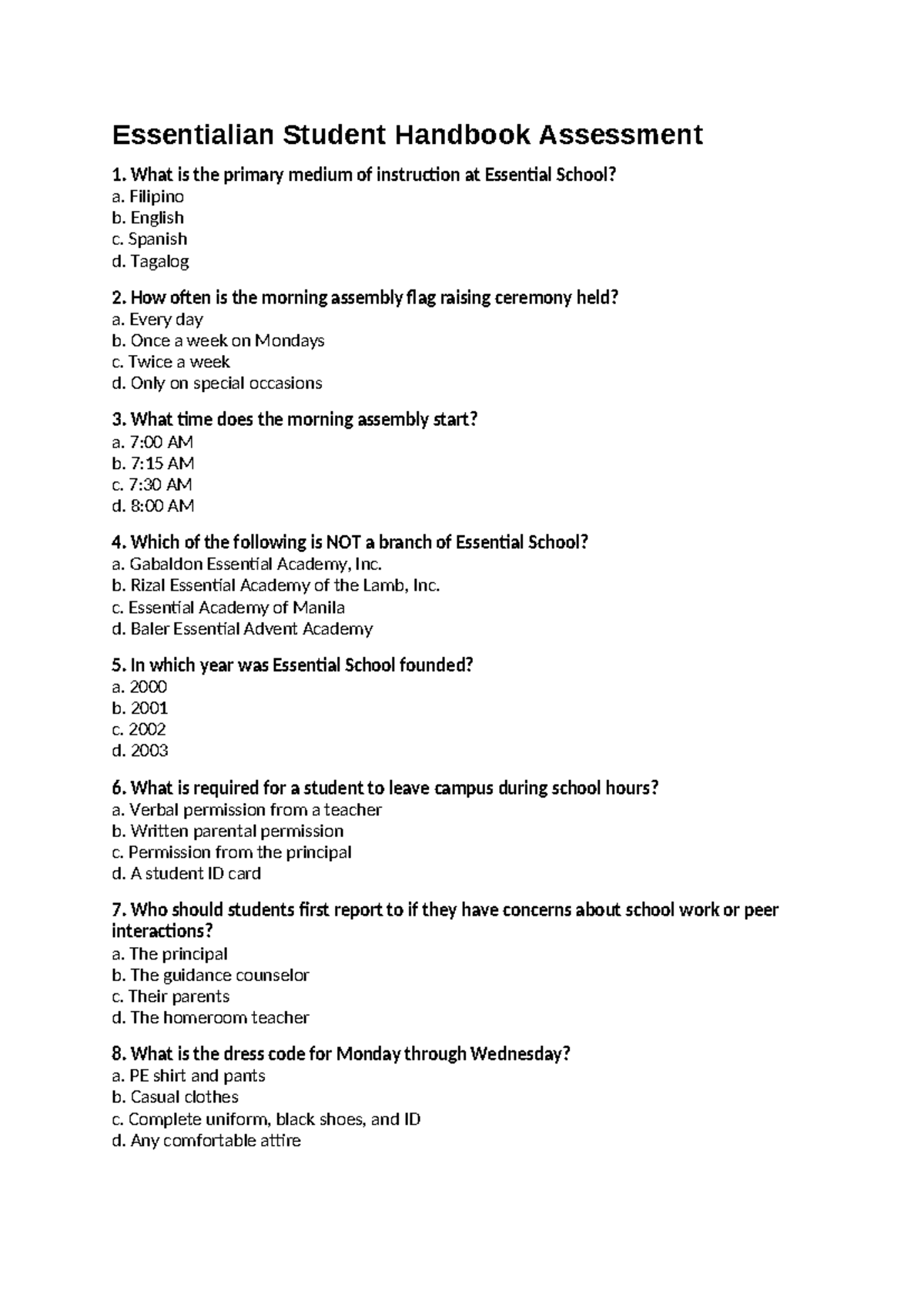 7th Grade Essential School Handbook Quiz - Essentialian Student ...