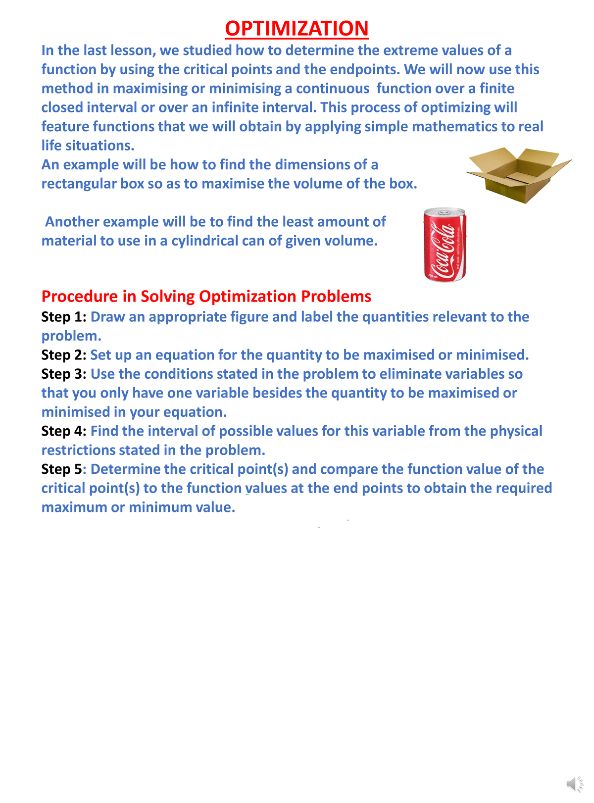 MATH160 Optimization - none - OPTIMIZATION In the last lesson, we studied how to determine the ...
