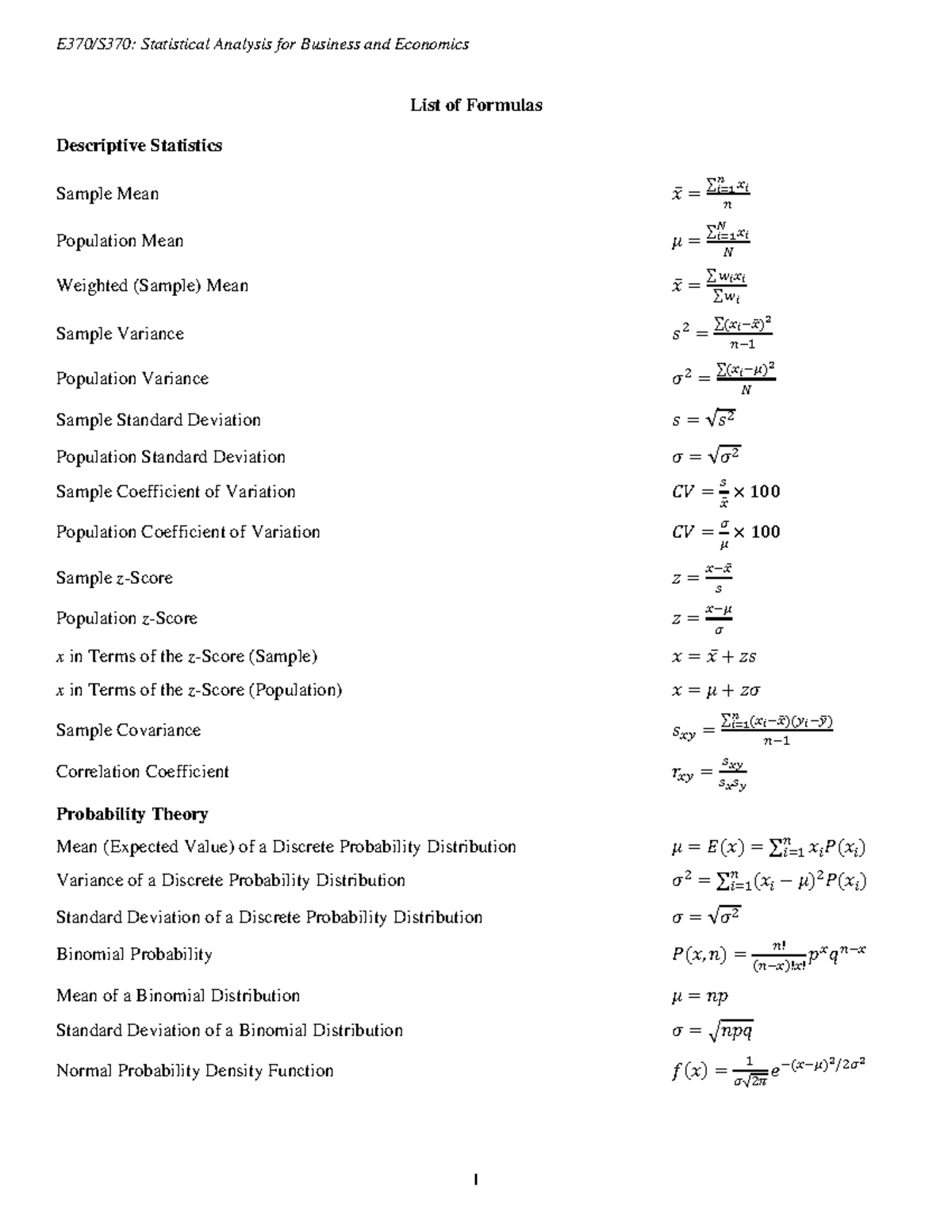 Final - Formulas (Ch10, Ch15 - Not Included) - E370/S370: Statistical ...