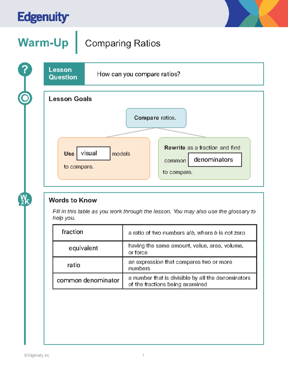 Comparing ratios - Warm-Up Comparing Ratios W 2 K ? Lesson Goals Use ...