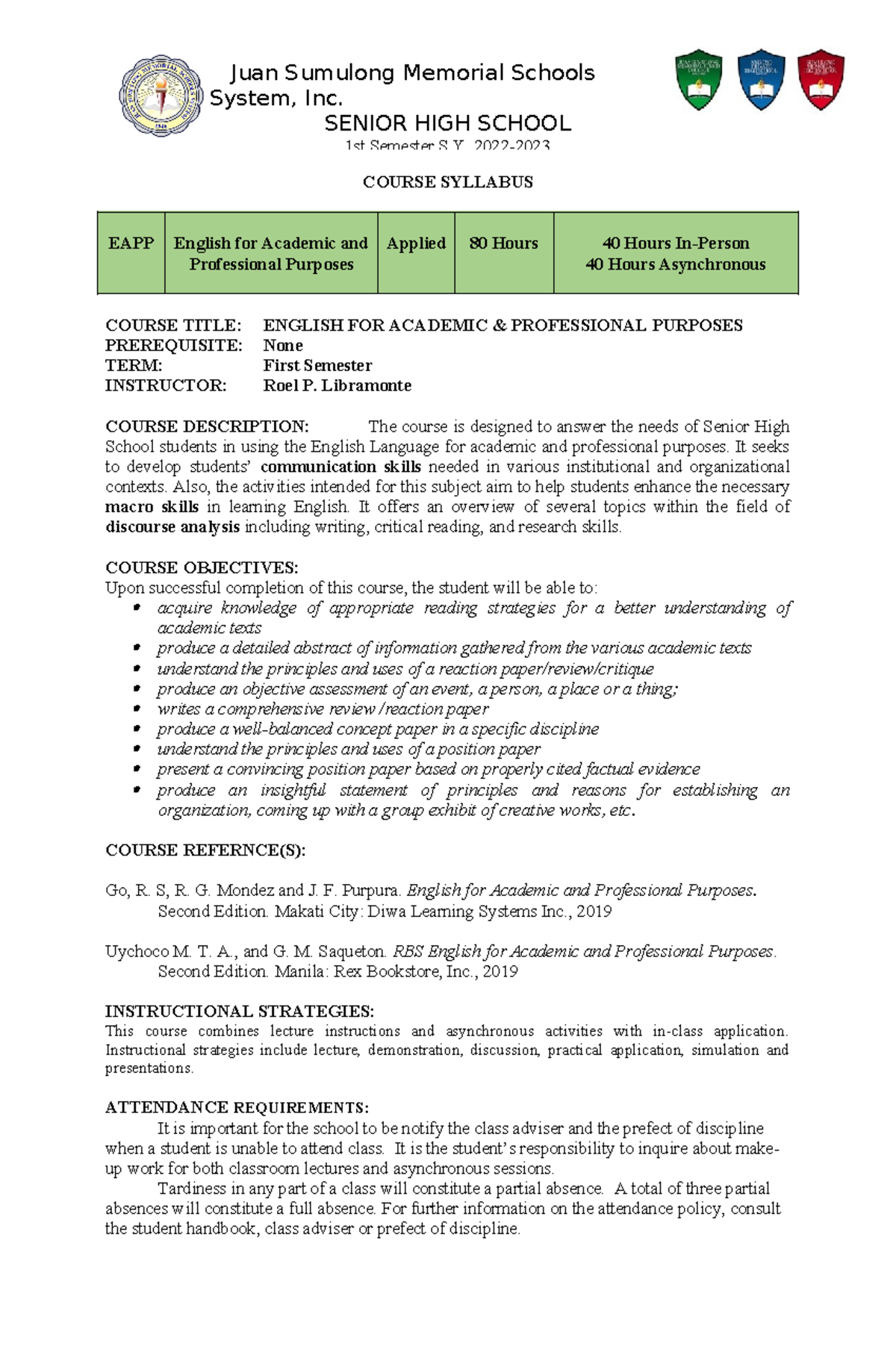 EAPP Syllabus 2024 2025 - COURSE SYLLABUS EAPP English for Academic and ...