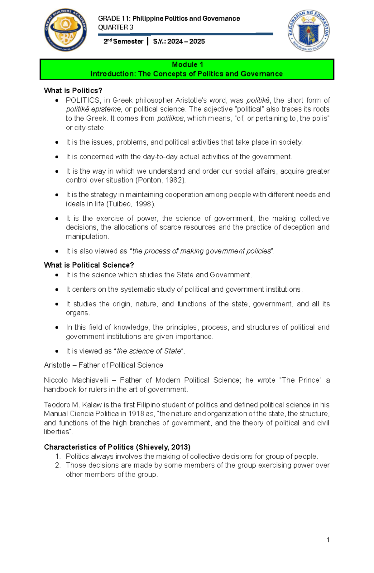 Pol. Gov. 1st Quarter - Bbbbbb - QUARTER 3 2 nd Semester S.: 2024 ...