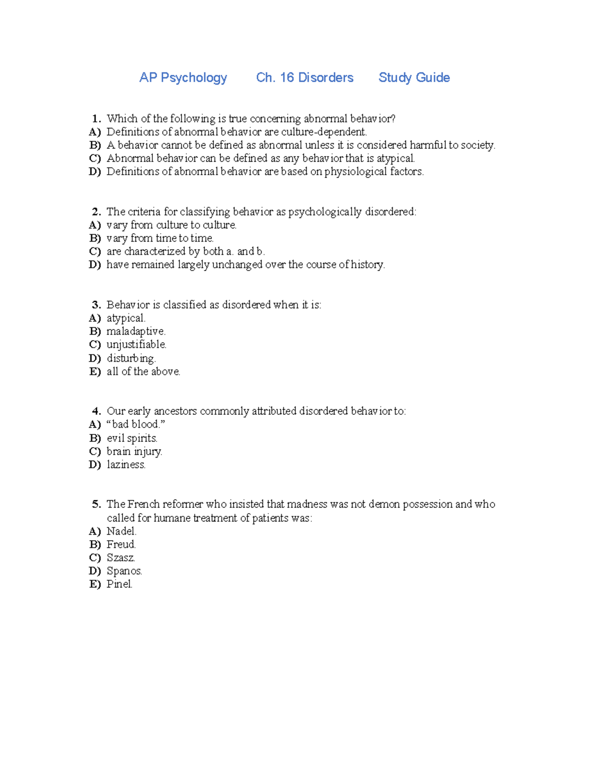 Ch16 Disorders - Management-Psychology - AP Psychology Ch. 16 Disorders ...