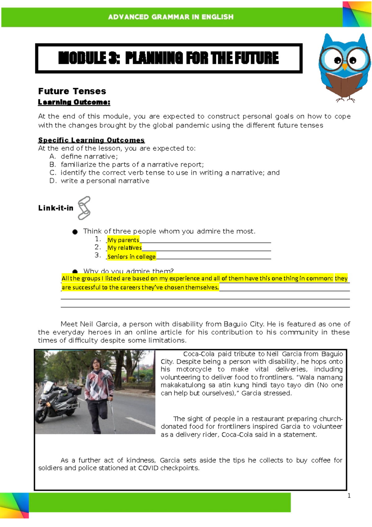 answers -IS 104 Module 3 only - Future Tenses Learning Outcome: At the ...