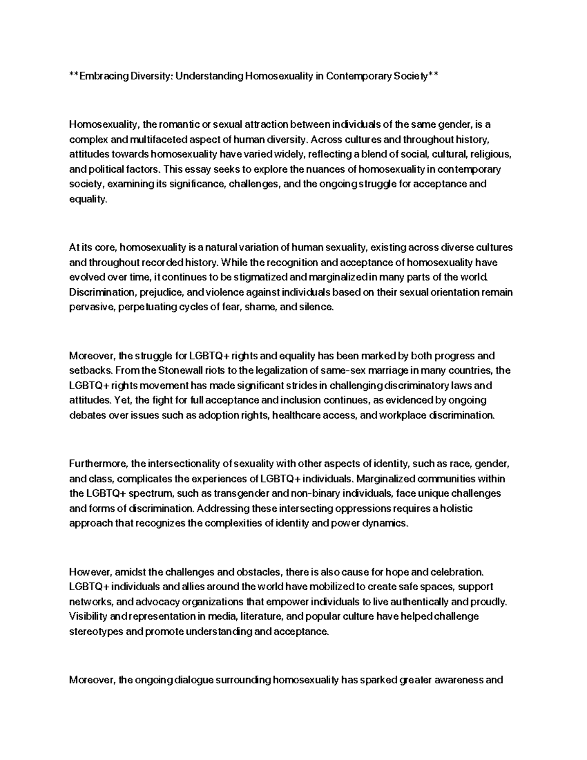 Homosexuality Essay - Embracing Diversity: Understanding Homosexuality ...