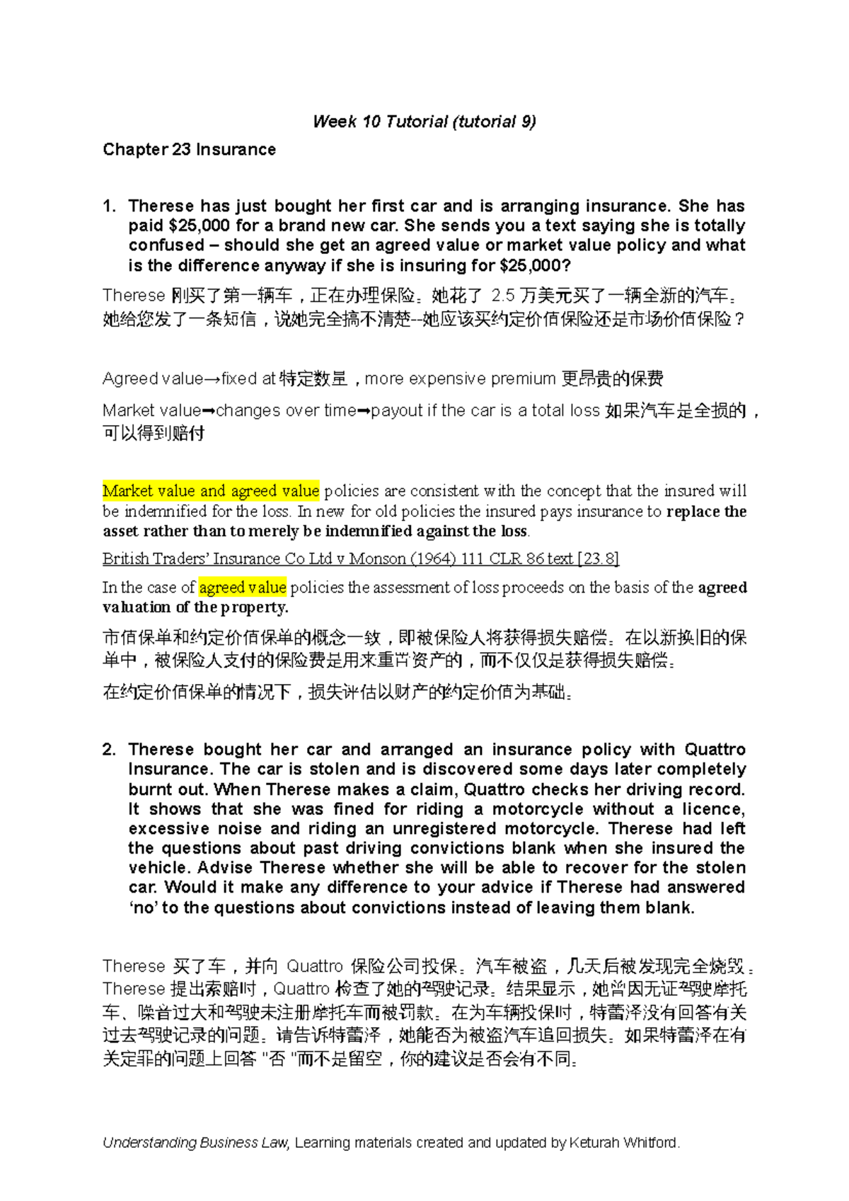 9 Tutorial Questions Week 10 Insurance 2023 version - Week 10 Tutorial (tutorial 9) Chapter 23 ...