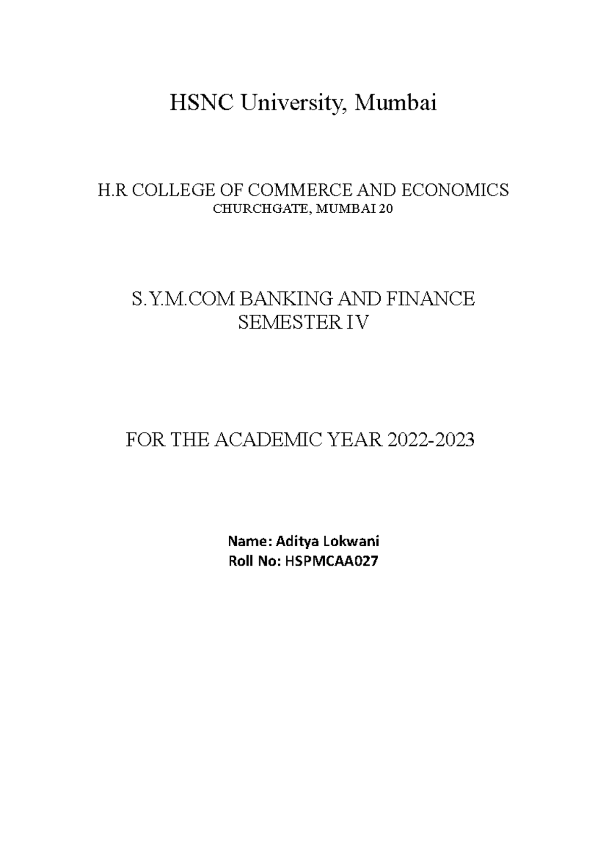 Test Project - HSNC University, Mumbai H COLLEGE OF COMMERCE AND ...