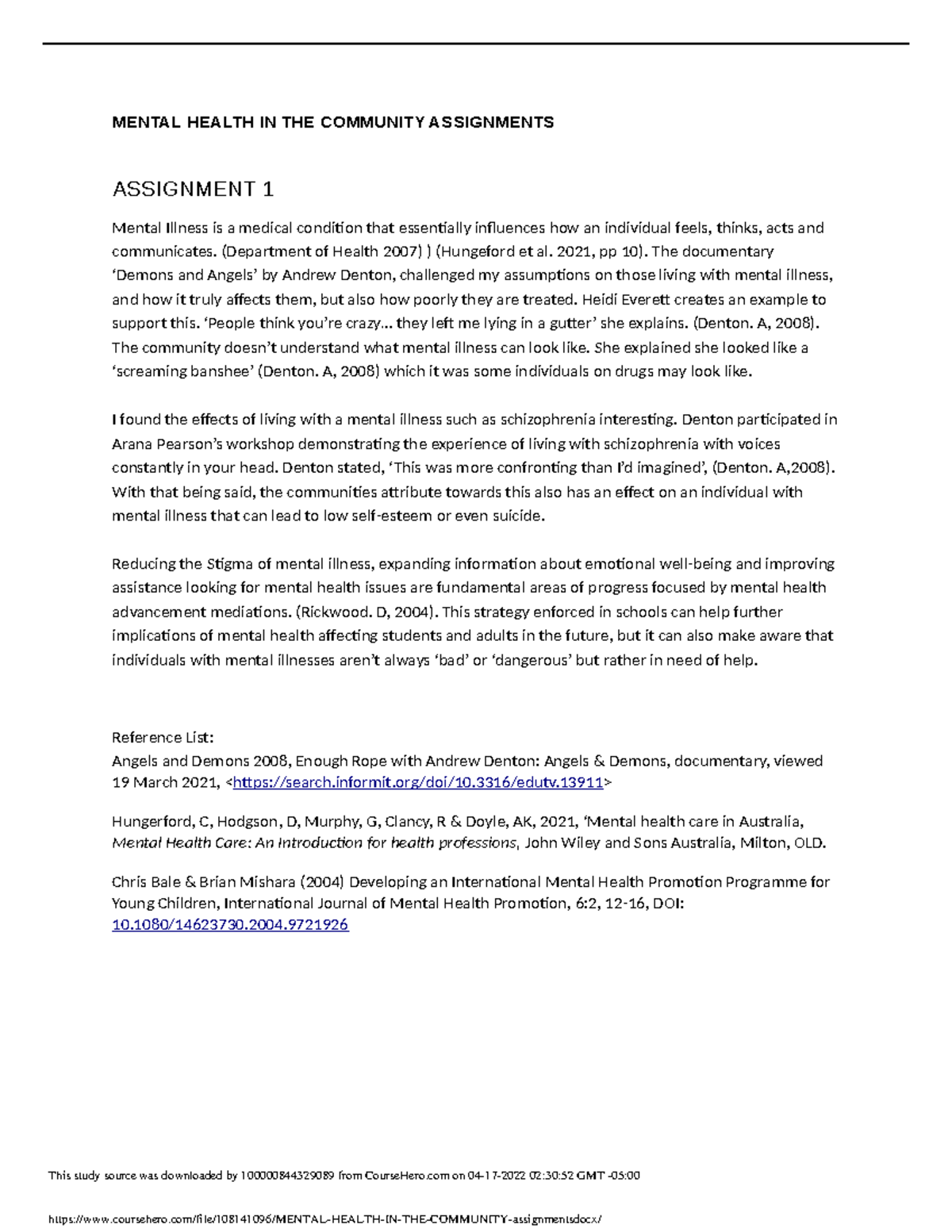 Mental Health IN THE Community assignments - 101594 - UWS - Studocu