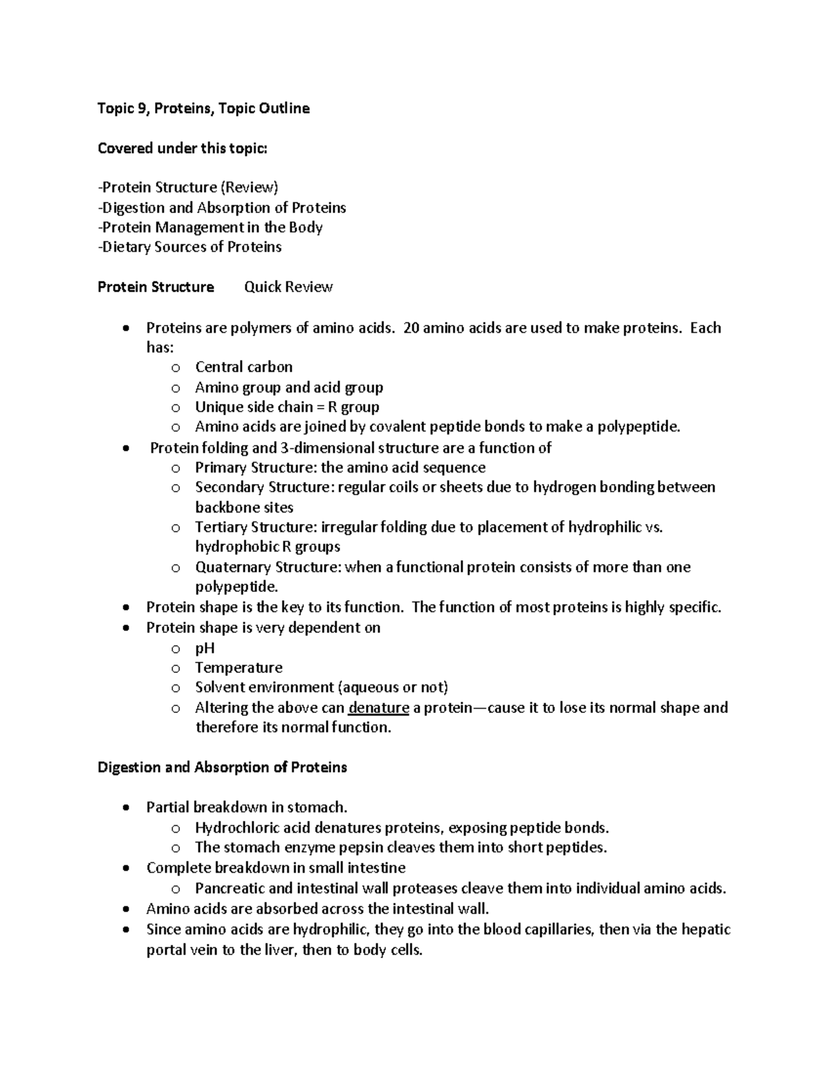 9 Proteins, Topic Outline - Topic 9, Proteins, Topic Outline Covered ...