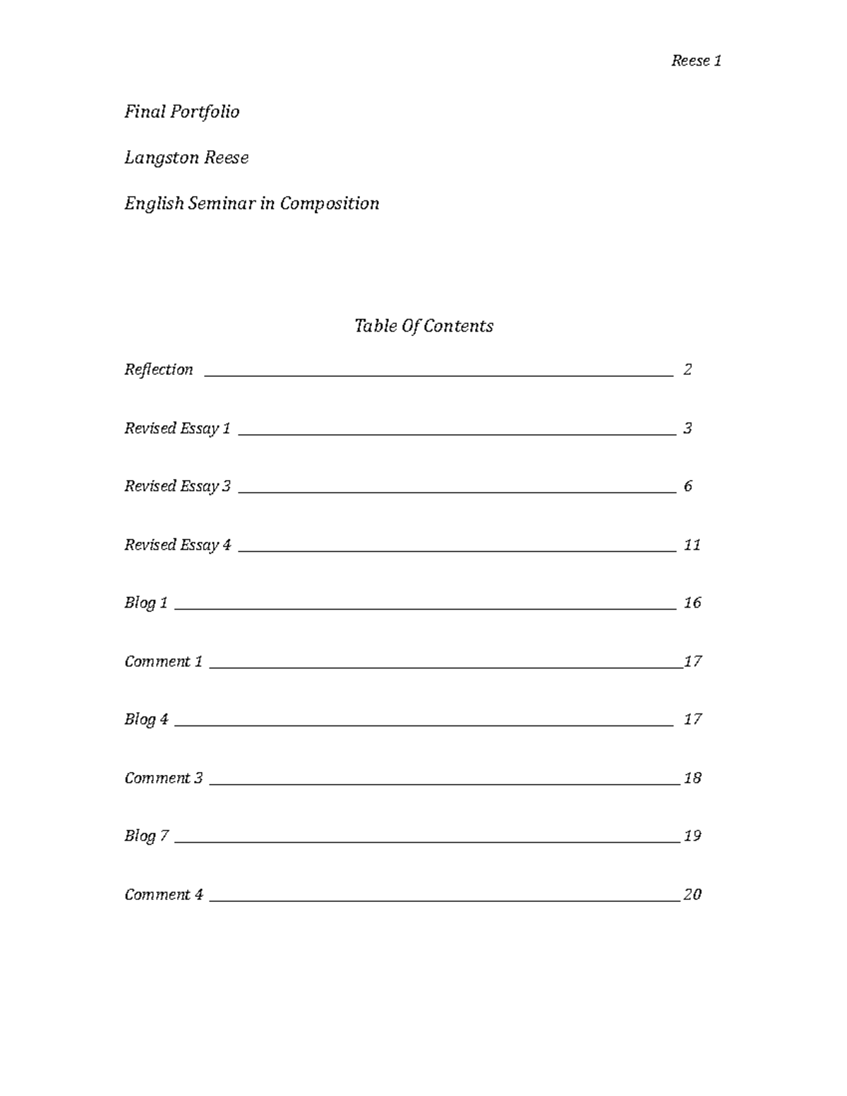 Final Portfolio, English Seminar in Composition - Reese 1 Final ...