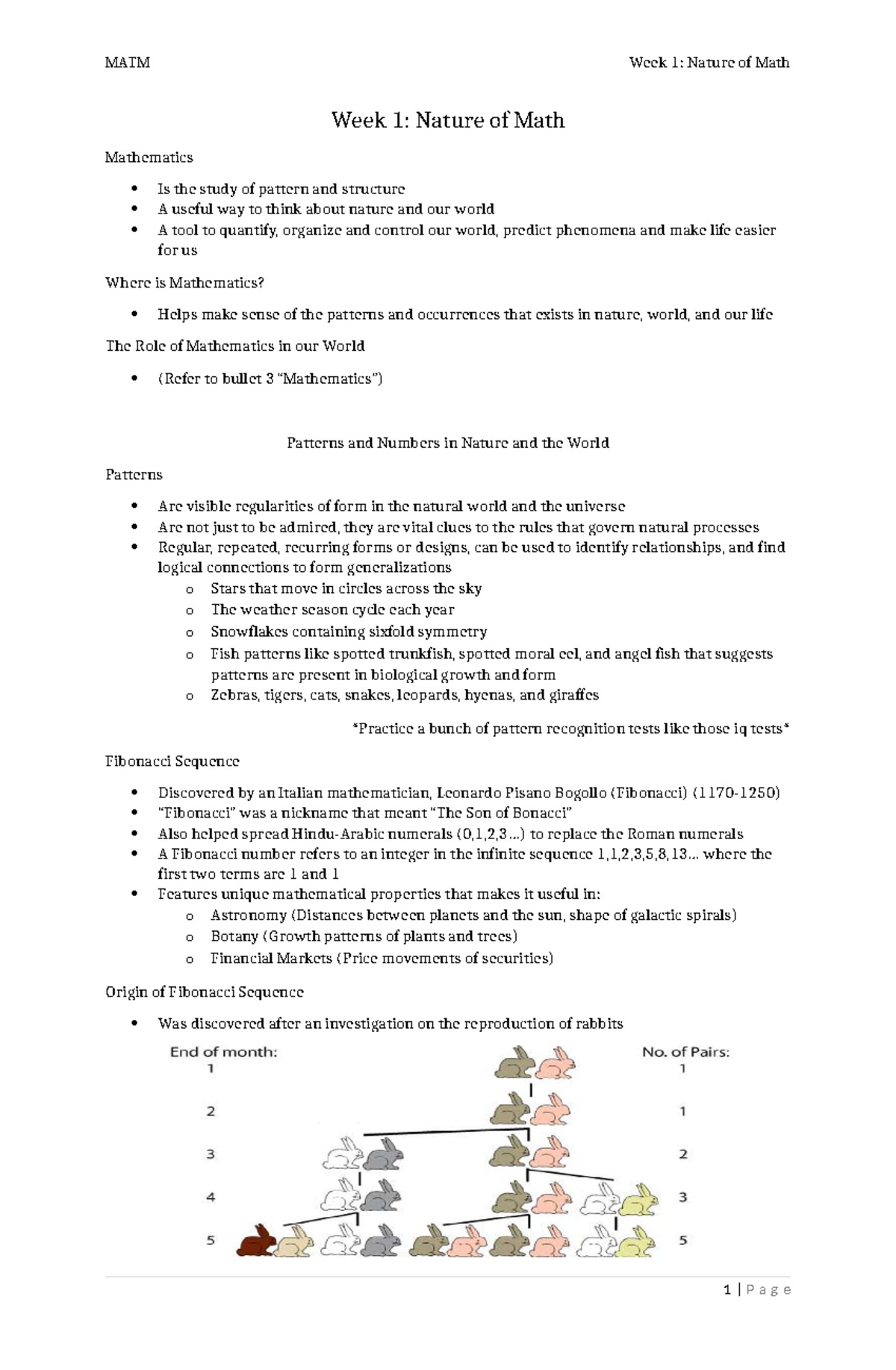 Lecture notes for prelim - MATM Week 1: Nature of Math Week 1: Nature ...