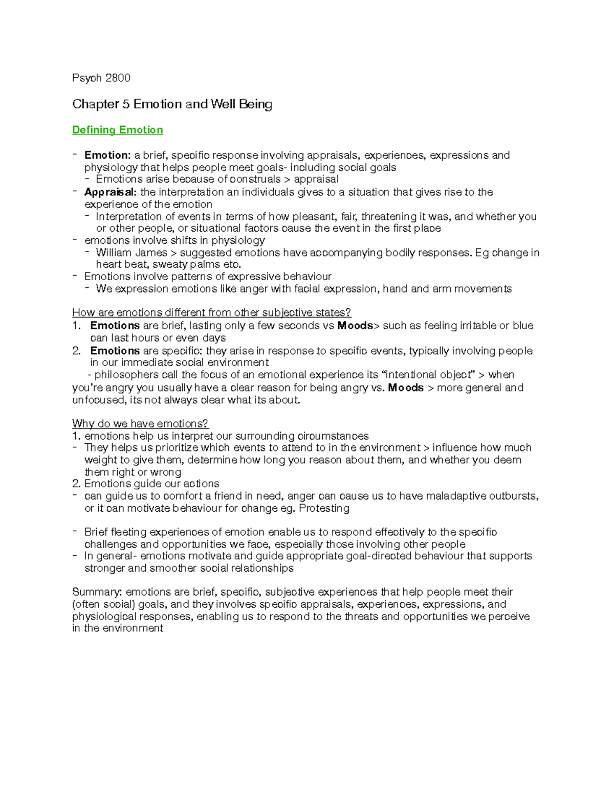 psych 2800 Chp 5 - Psych 2800 Chapter 5 Emotion and Well Being Defining ...