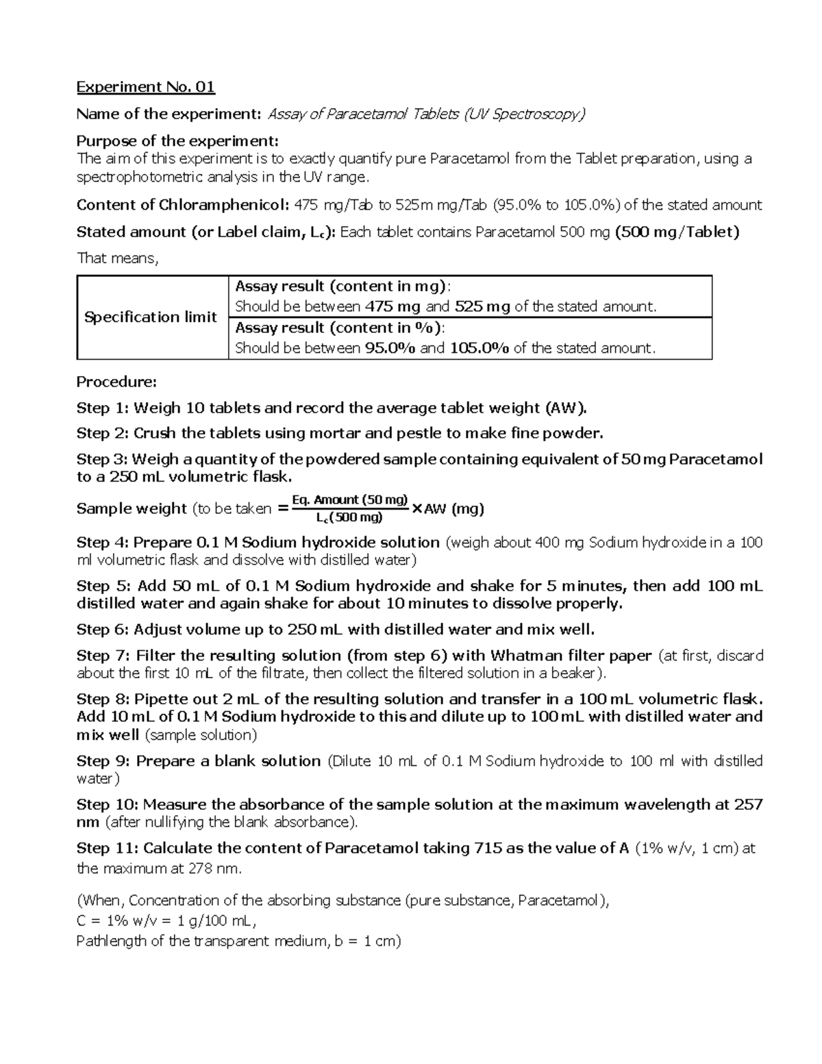 PHA-310L Exp-1 Paracetamol Tablet - Experiment No. 01 Name of the ...