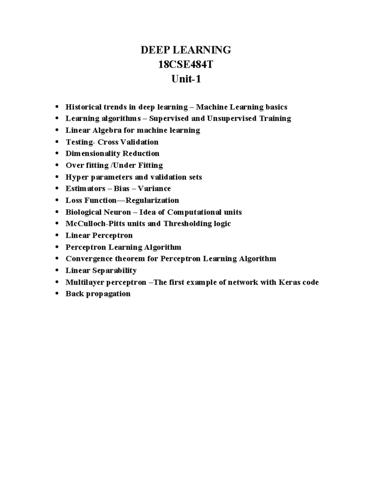 Deep Learning Notes Unit 1 Deep Learning 18cse484t Unit Historical