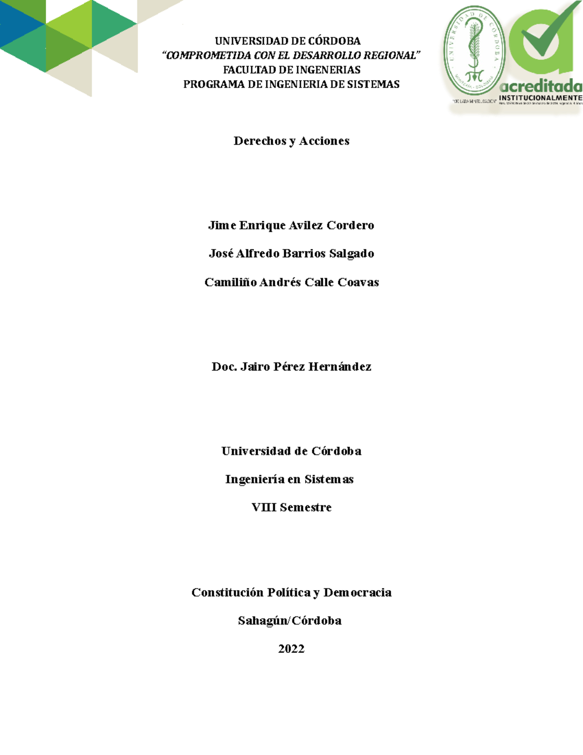 Derechos y Acciones - dfhfh - UNIVERSIDAD DE CÓRDOBA “COMPROMETIDA CON ...