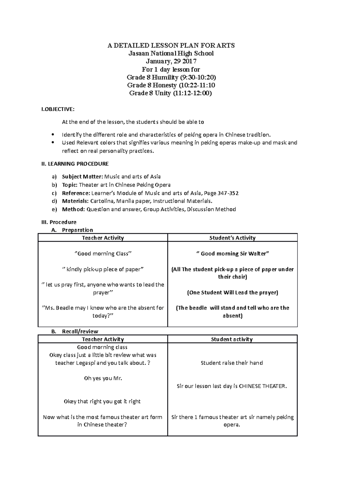 A Detailed Lesson PLAN FOR ARTS Jasaan N - A DETAILED LESSON PLAN FOR ...
