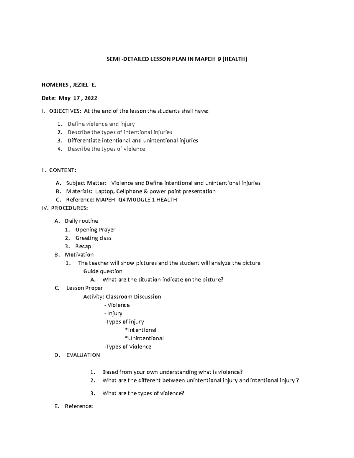Homeres- Lesson-PLAN - reviewer - SEMI -DETAILED LESSON PLAN IN MAPEH 9 ...