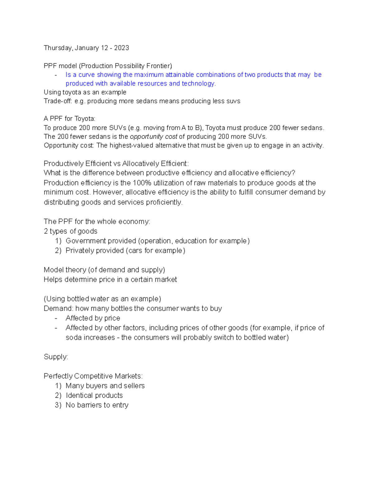 Econ Notes 1100 - 2nd lecture - Thursday, January 12 - 2023 PPF model ...