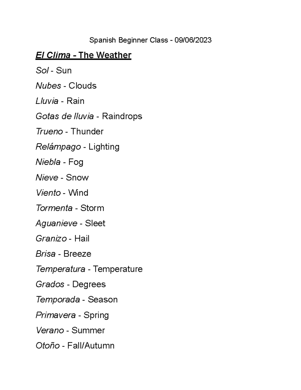 Inbound 1475417146623559057 - Spanish Beginner Class - 09/06/ El Clima ...