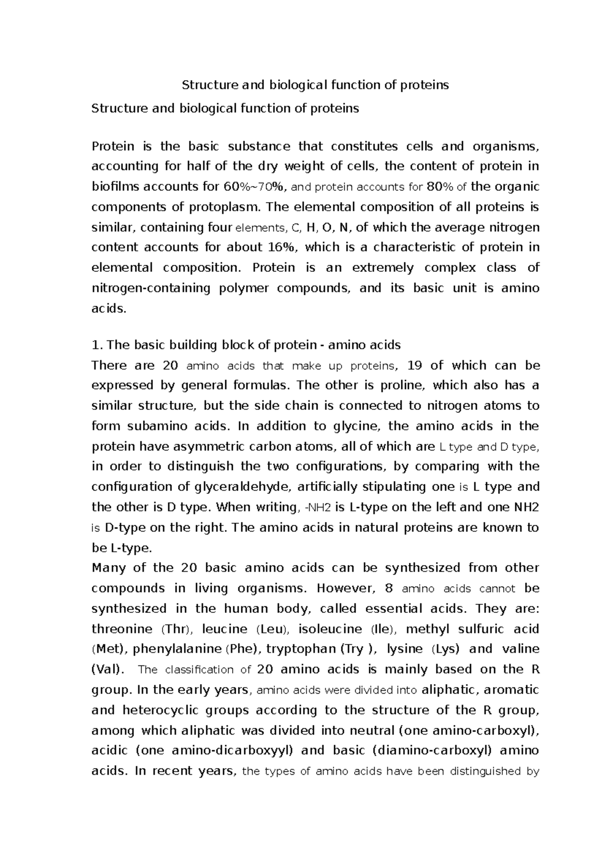 Structure and biological function of proteins BIOL160 - Structure and ...