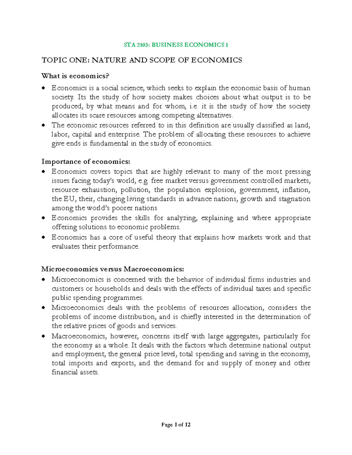 Topic ONE Nature and Scope of Economics - STA 2103: BUSINESS ECONOMICS ...