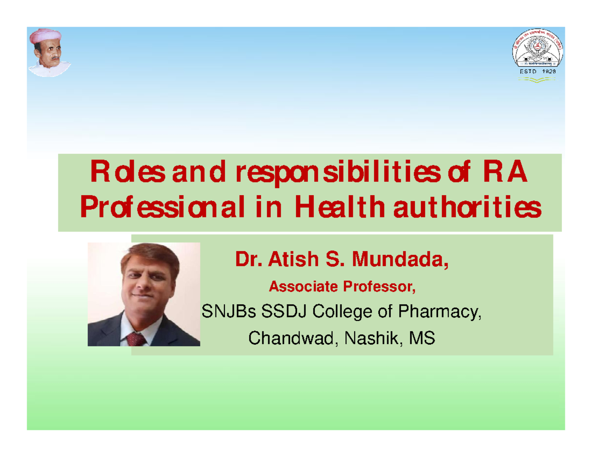 RA Professionals Responsibilioties in Health Authority-Dr. ASM - Roles ...