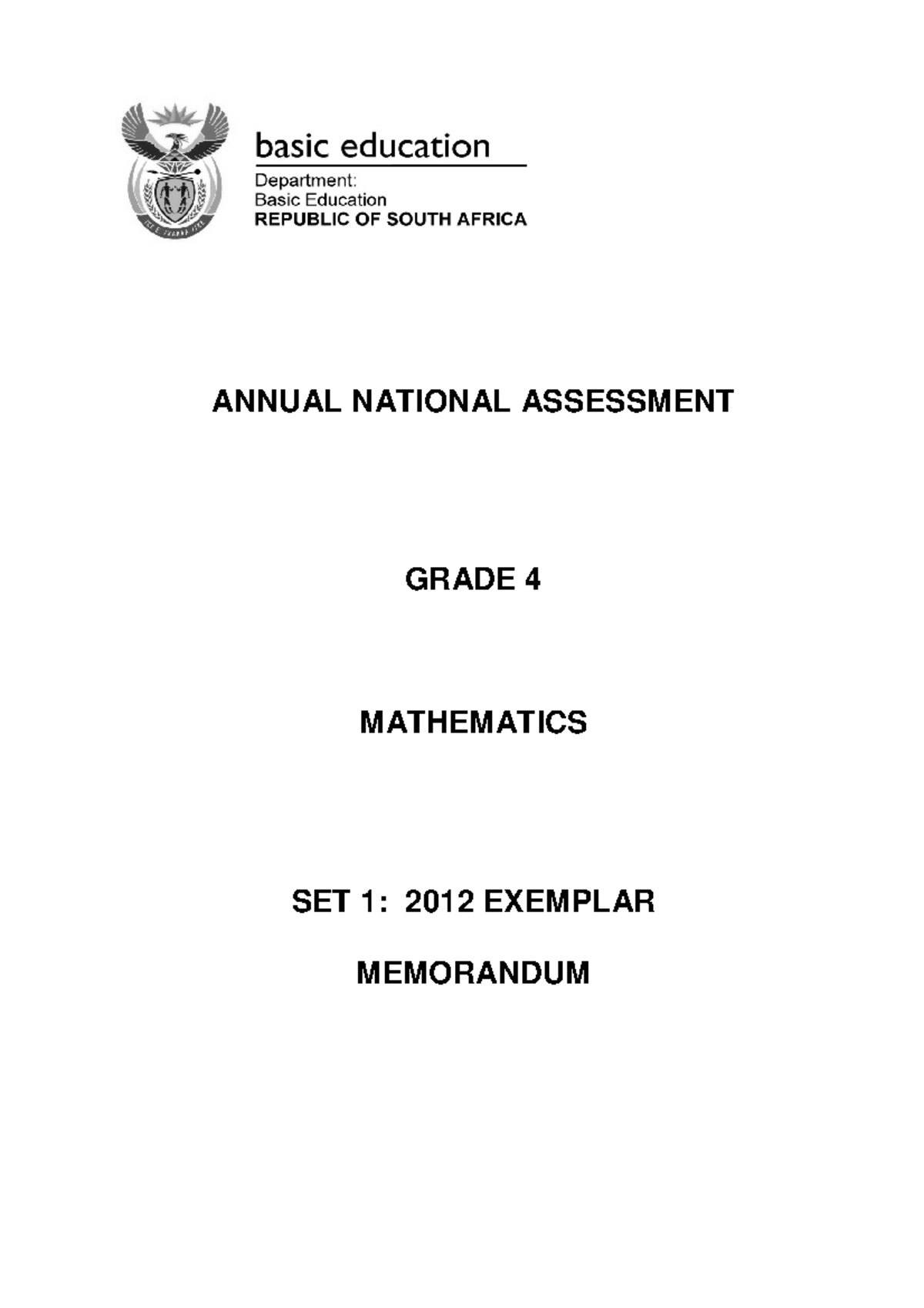 Grade 4 Mathematics Memo - ANNUAL NATIONAL ASSESSMENT GRADE 4 ...