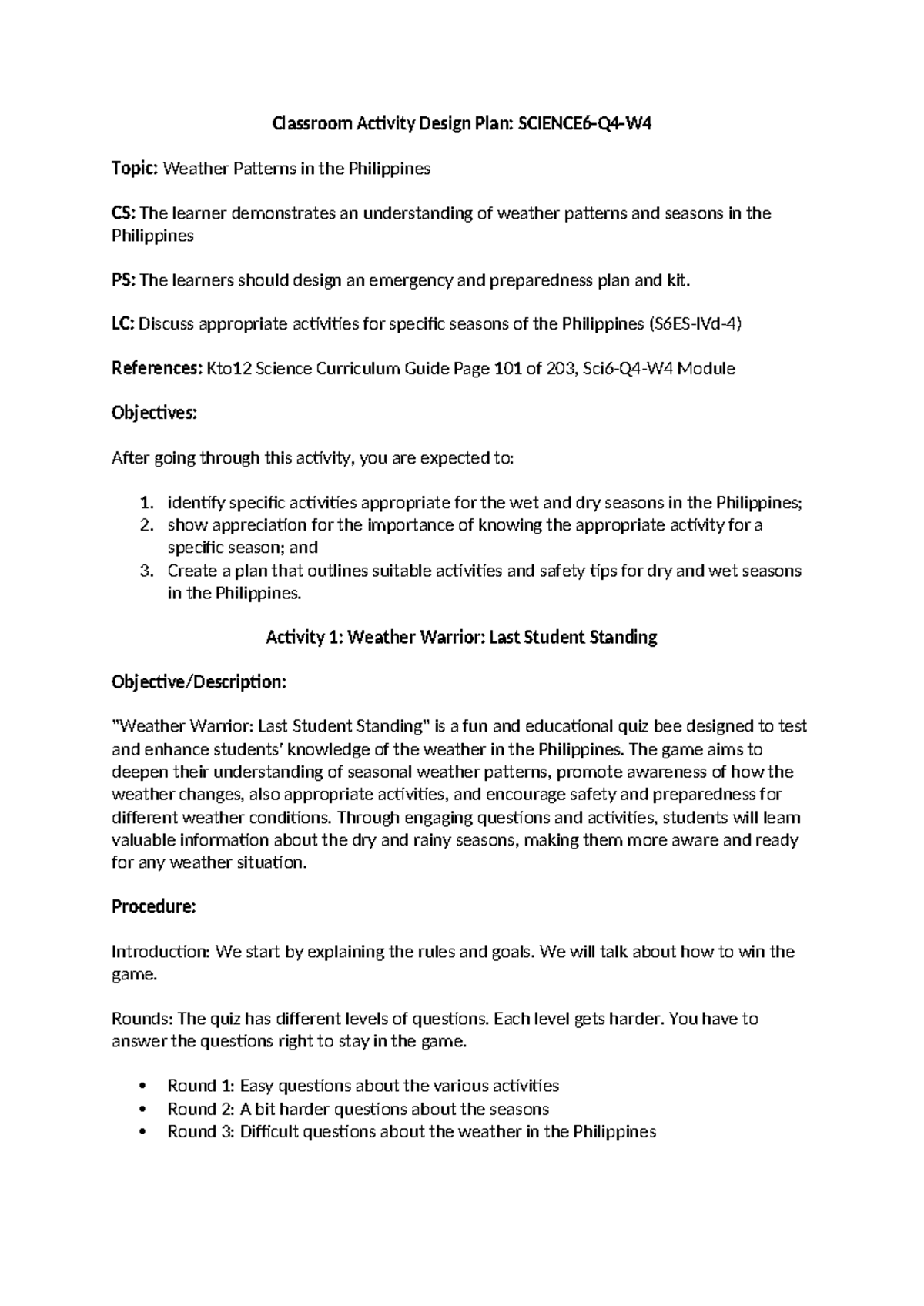 Classroom Activity Design Plan - LC: Discuss appropriate activities for ...