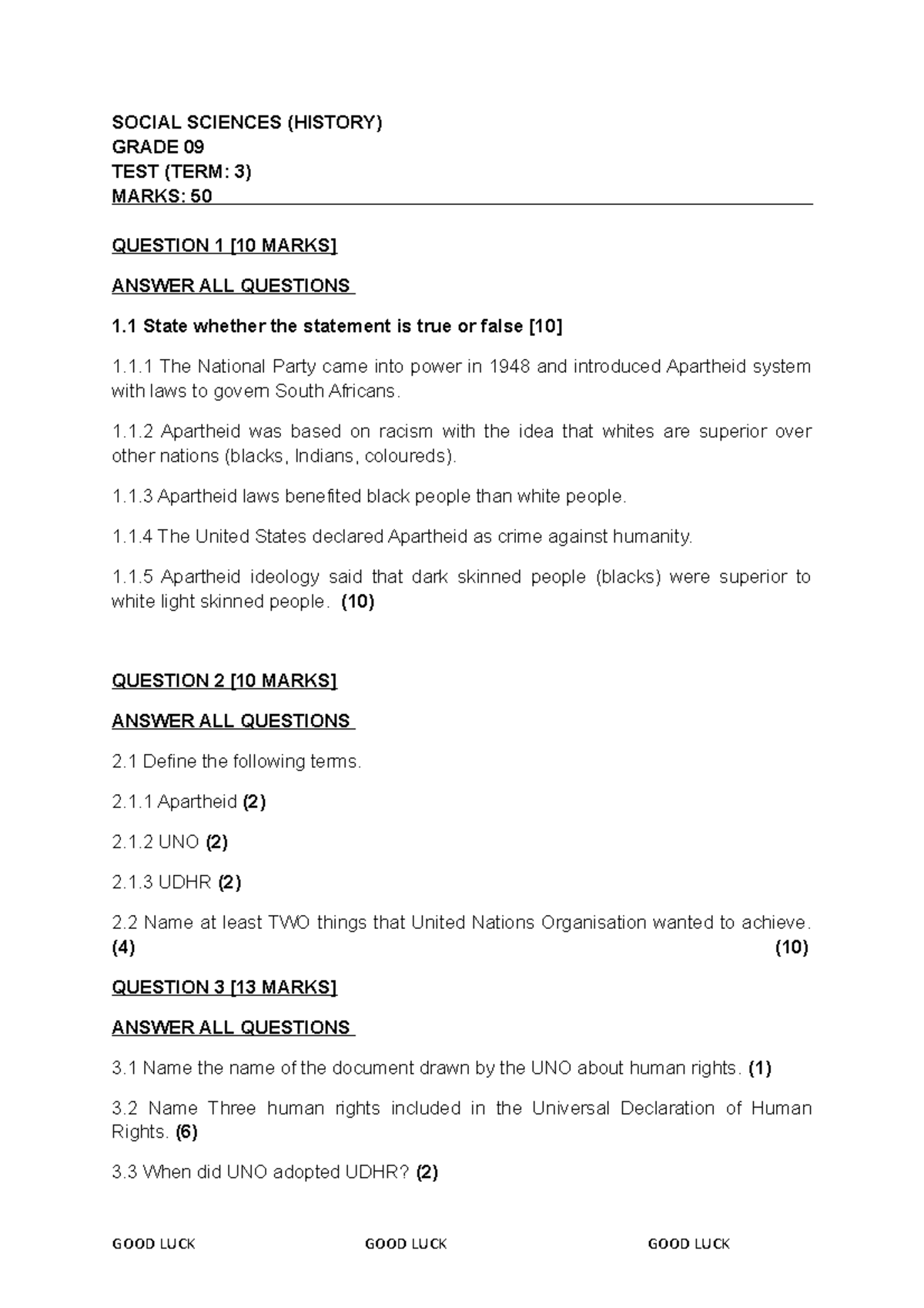 TERM 3 SS History Question Paper AND Memorandum SOCIAL SCIENCES