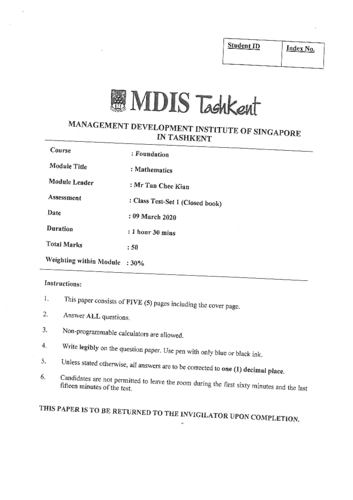 Mathematics class test 2020 (session 1) - Introduction to Accounting ...