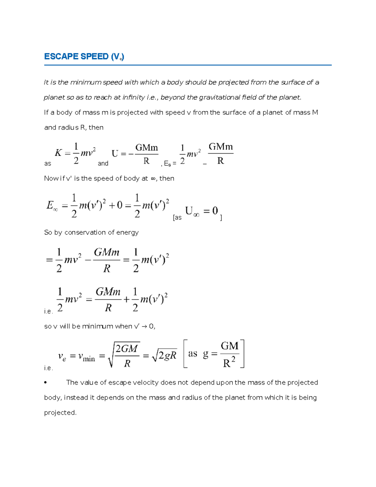 Escape Speed, Law of orbits, areas and period - ESCAPE SPEED (Ve) It is ...
