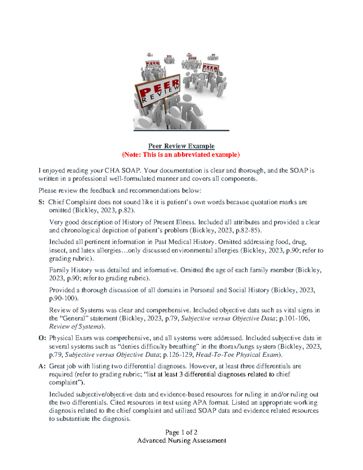 NU 518 Peer Review Example - Page 1 of 2 Advanced Nursing Assessment ...