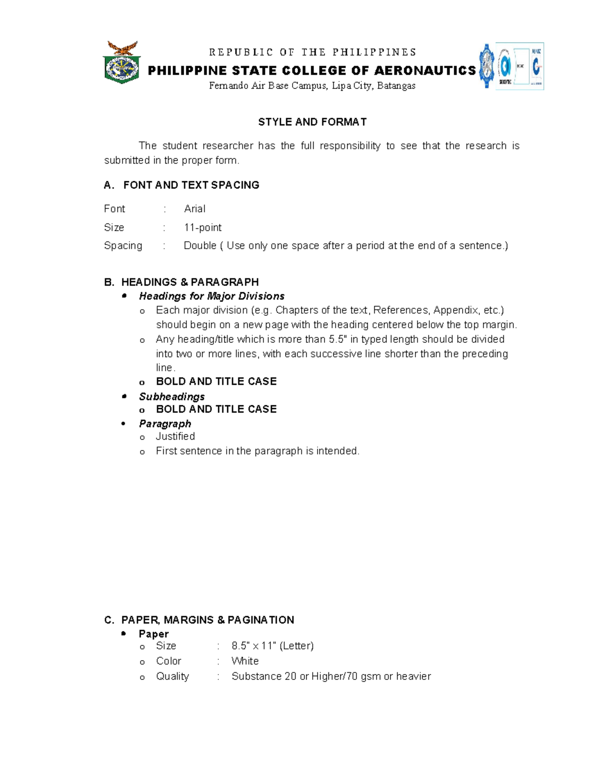 Format IN Thesis Writing - PHILIPPINE STATE COLLEGE OF AERONAUTICS ...