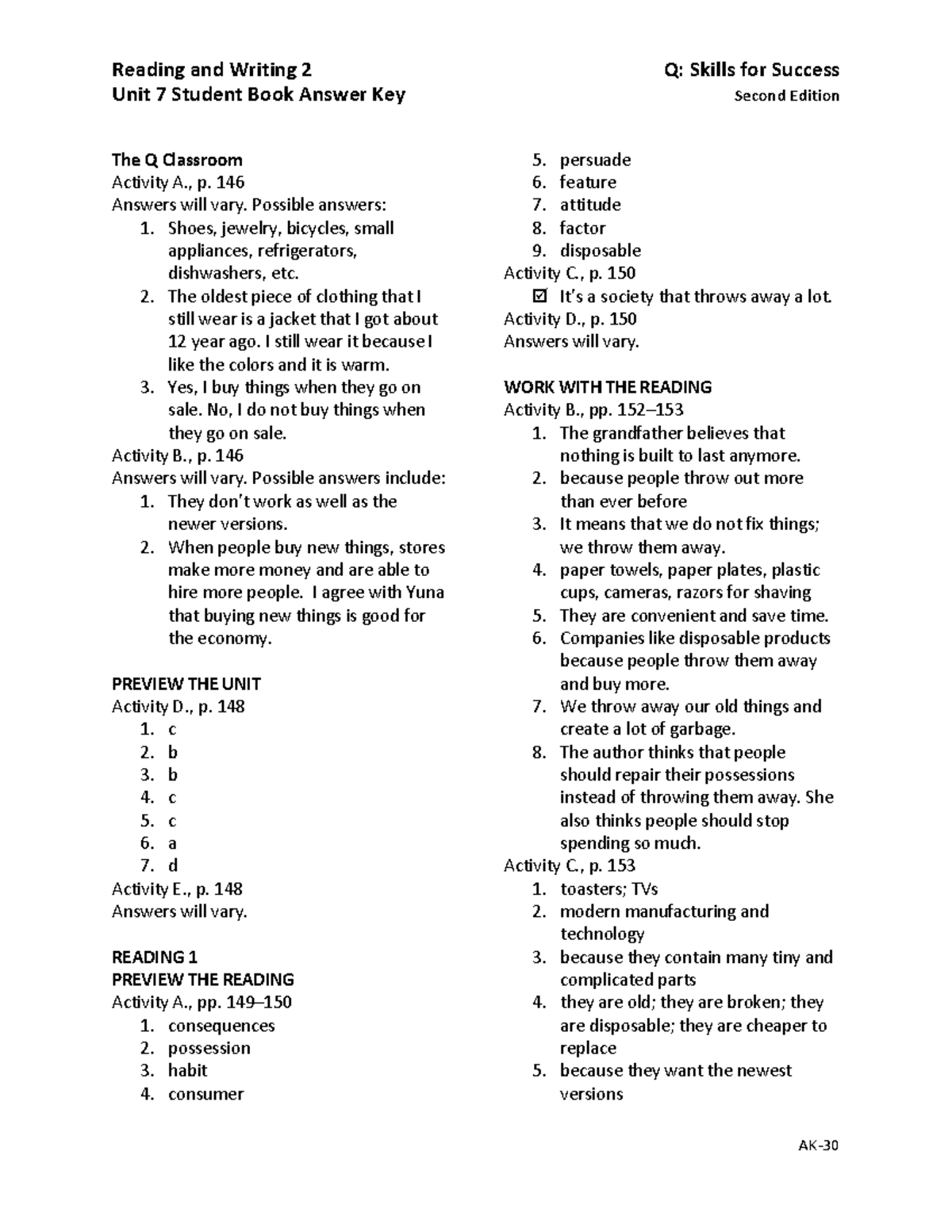 RW u 7 1 - Hskdvdndvdkrudnfndke - Unit 7 Student Book Answer Key Second ...
