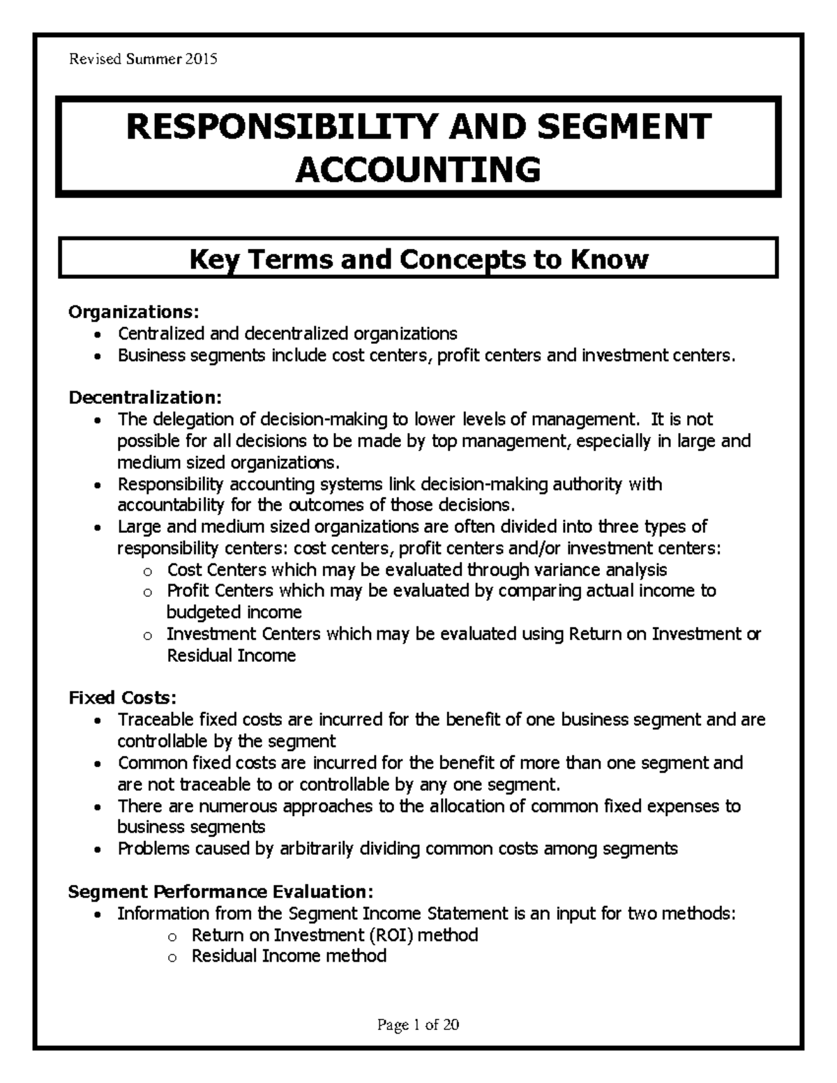 8a - responsibility accounting - RESPONSIBILITY AND SEGMENT ACCOUNTING Key Terms and Concepts to ...