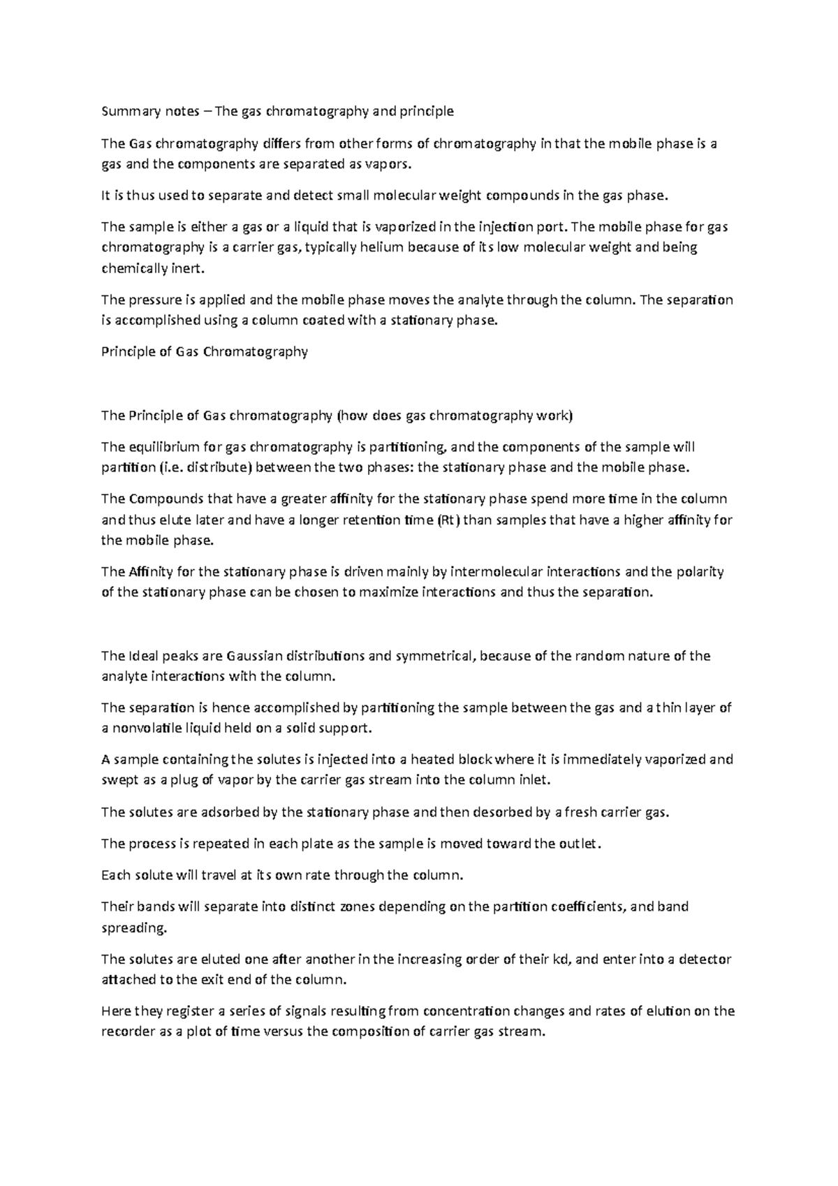 Summary notes – The gas chromatography and principle - Summary notes ...