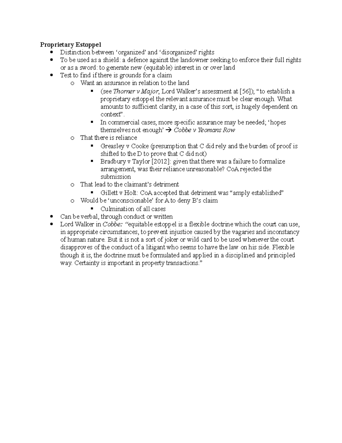 Proprietary Estoppel Notes - Proprietary Estoppel Distinction between ...
