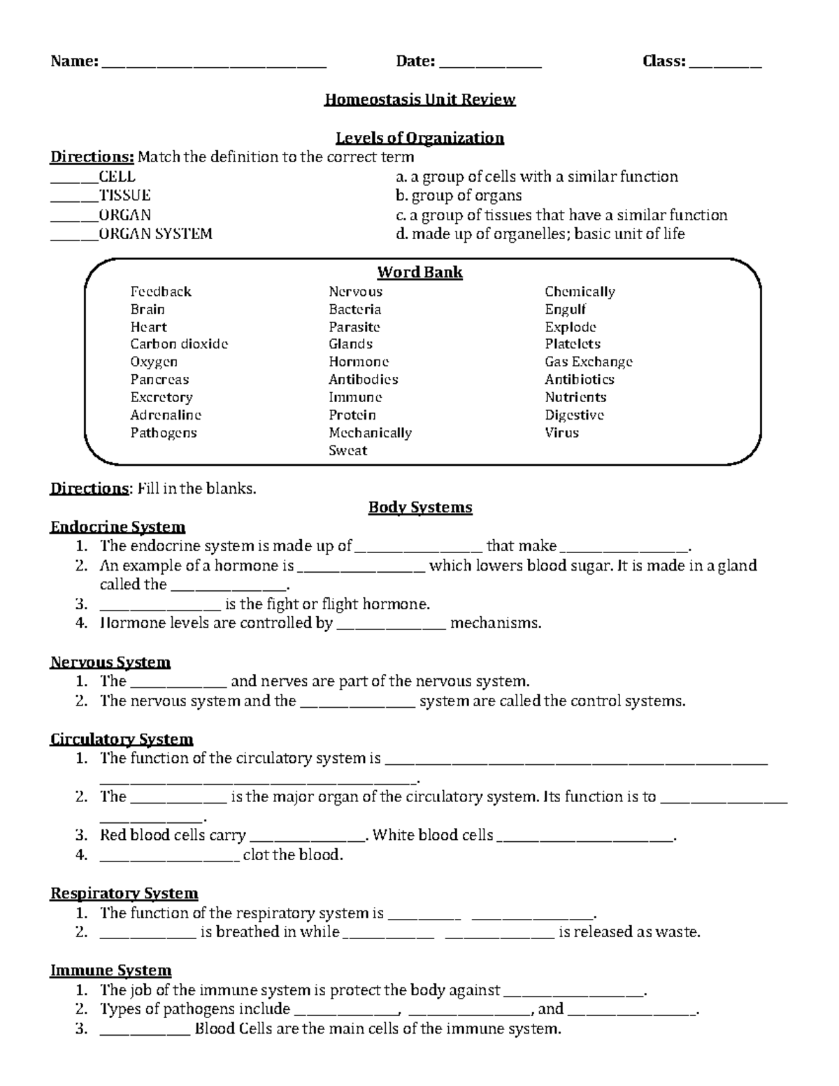 Living Environment Homeostasis Unit Review-1 - Name