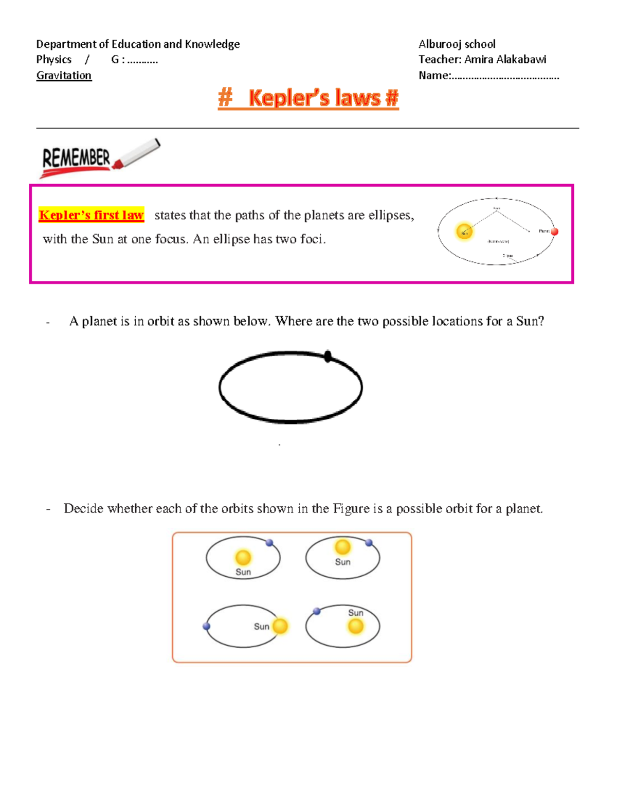 Kepler's laws work sheet - Department of Education and Knowledge ...