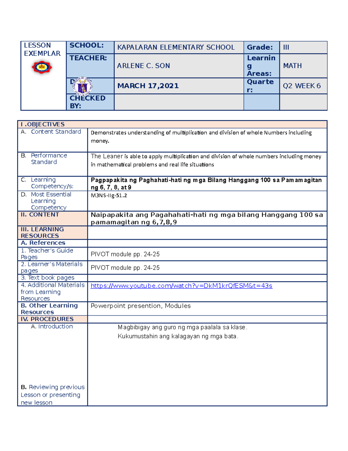 Lesson Exemplar MATH - FOR PRACTICE - LESSON EXEMPLAR SCHOOL: KAPALARAN ...