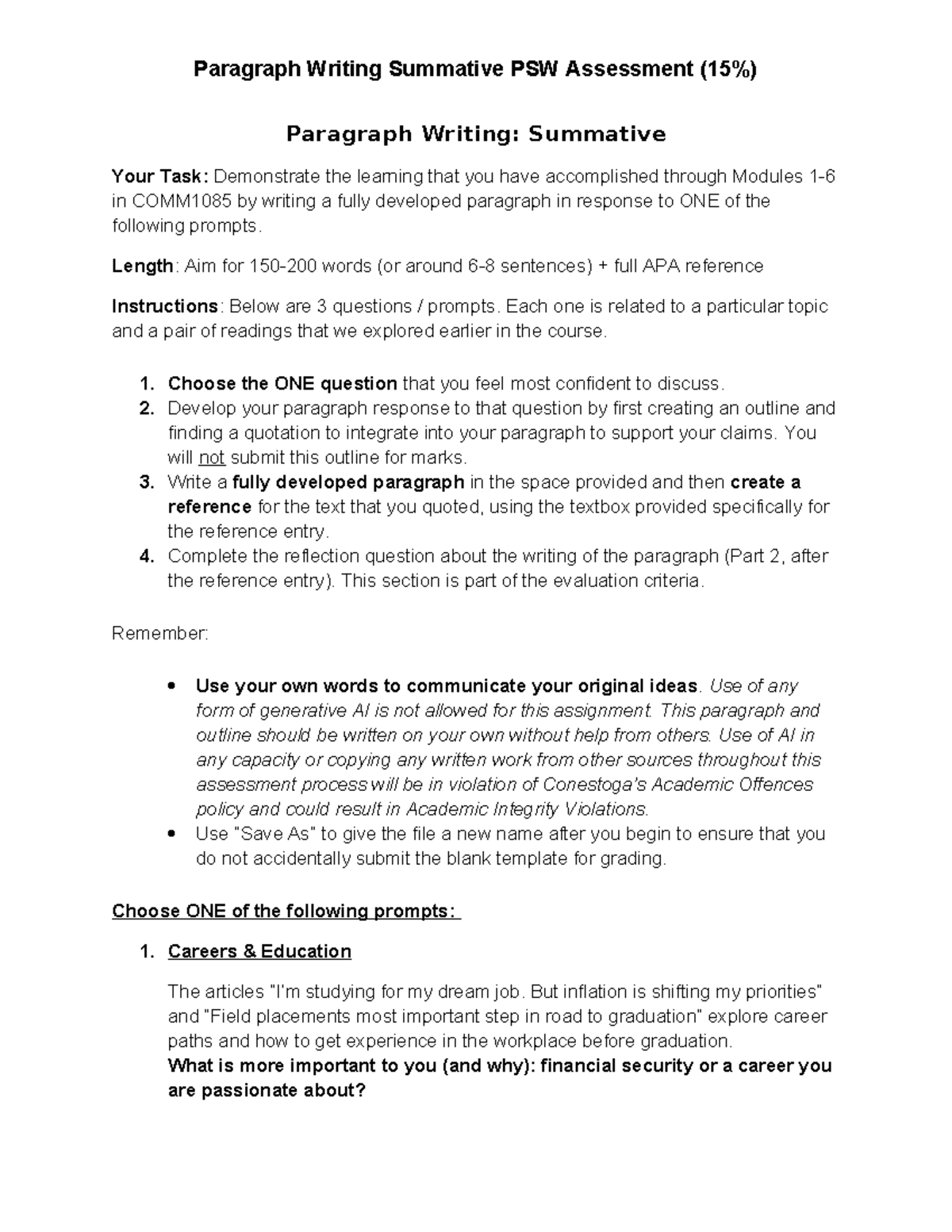 Paragraph Assignment and Reflection - Paragraph Writing Summative PSW ...