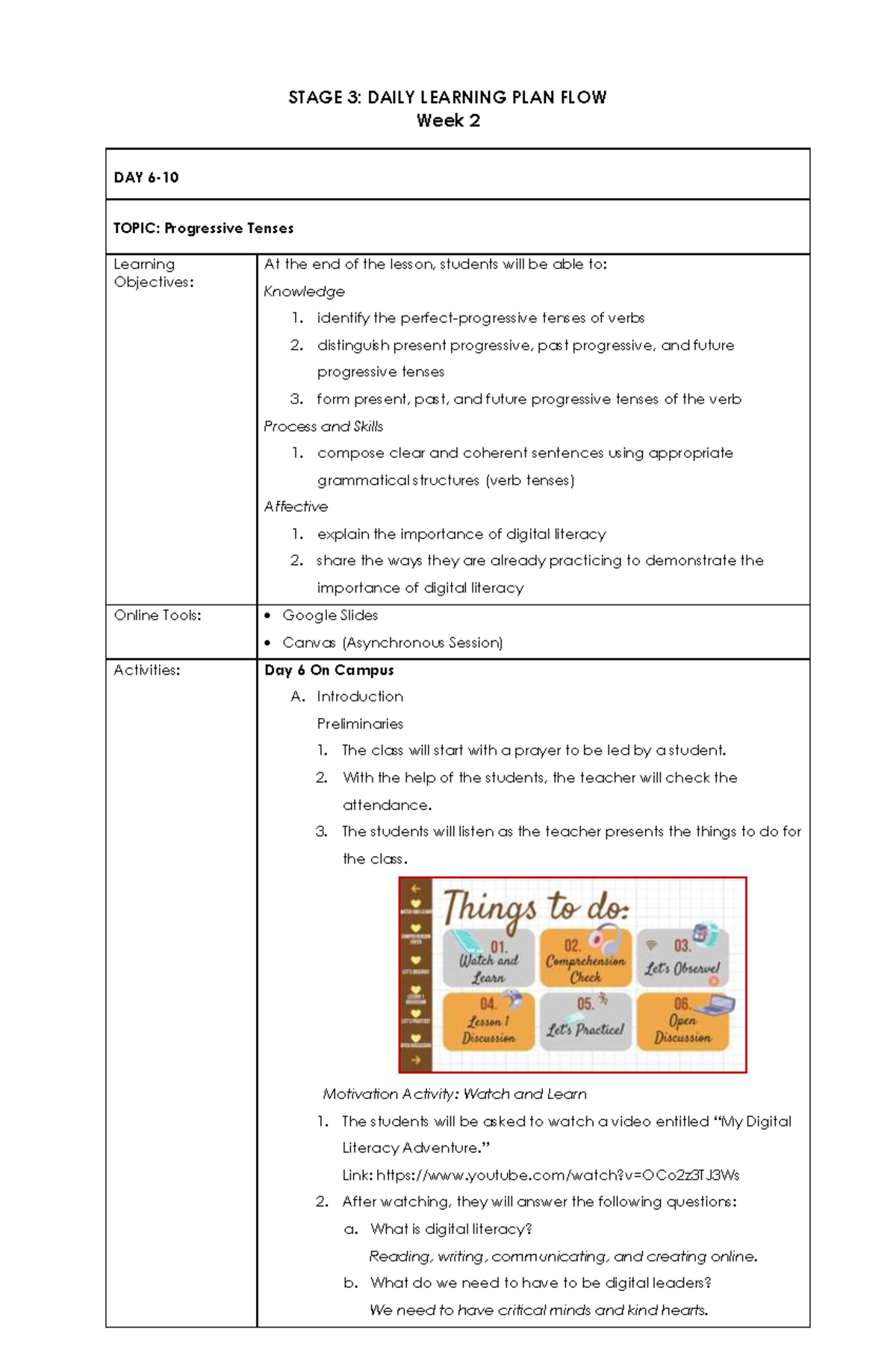 English Grade 6 - STAGE 3: DAILY LEARNING PLAN FLOW Week 2 DAY 6- 10 ...