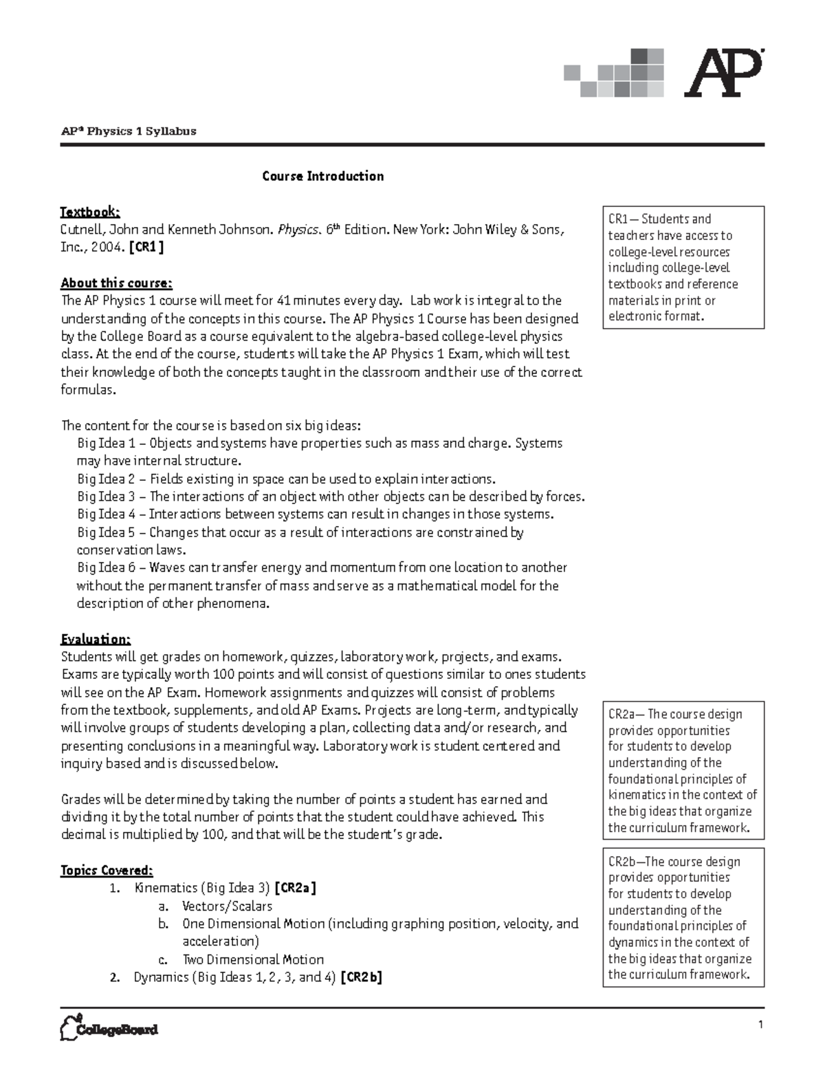 AP Physics 1 Syllabus - Course Introduction Textbook: Cutnell, John and ...