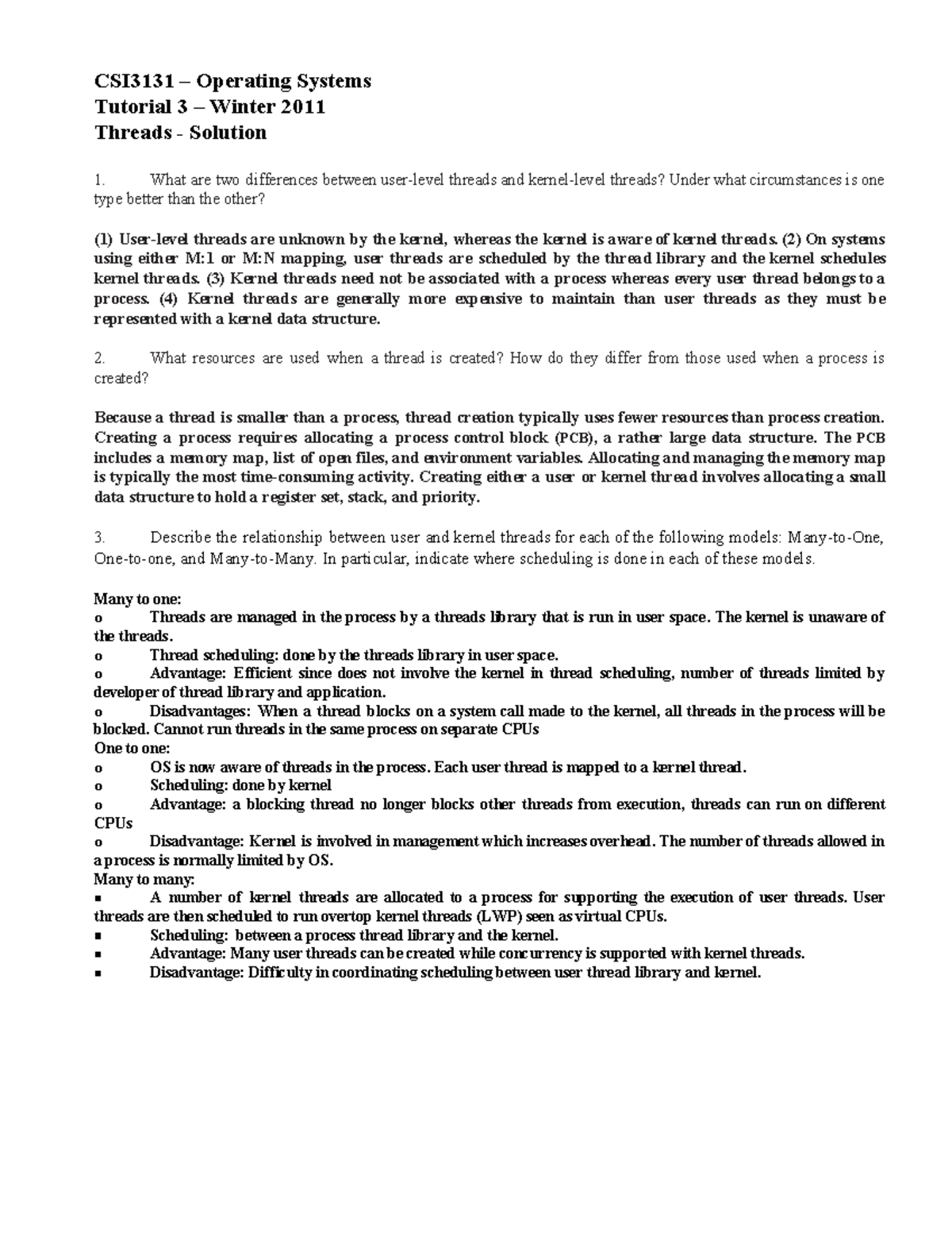 Tutorial 3Solution - CSI3131 – Operating Systems Tutorial 3 – Winter 2011 Threads - Solution 1 ...