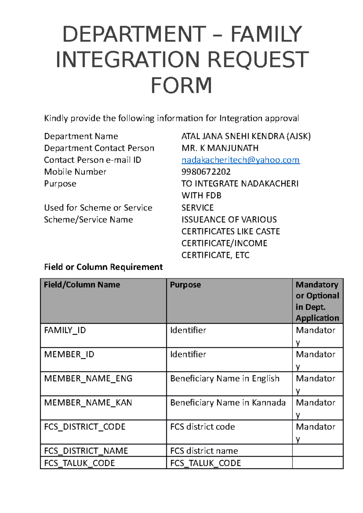 Technology for integration - DEPARTMENT – FAMILY INTEGRATION REQUEST ...